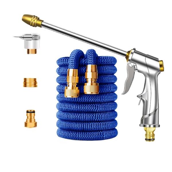 【3倍に伸びる】ホースの内管は天然ラテックスで水を流すと大3倍まで伸びて（水圧によって大限まで伸びれない場合があります）遠距離の散水もできます。 ノズルの「Soaker、Cone」モードには出水量が多すぎてホースが縮まってしまう恐れがありま...