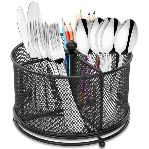 [カトラリーを整理しておくこと]キッチンで乱雑な料理にうんざりしていますか？さあ、変更を加える時が来ました。この回転可能な金属カトラリーホルダーには、箸、ナイフ、スプーン、ナプキン、ハサミ、調味料などを保持するように設計された4つのコンパー...