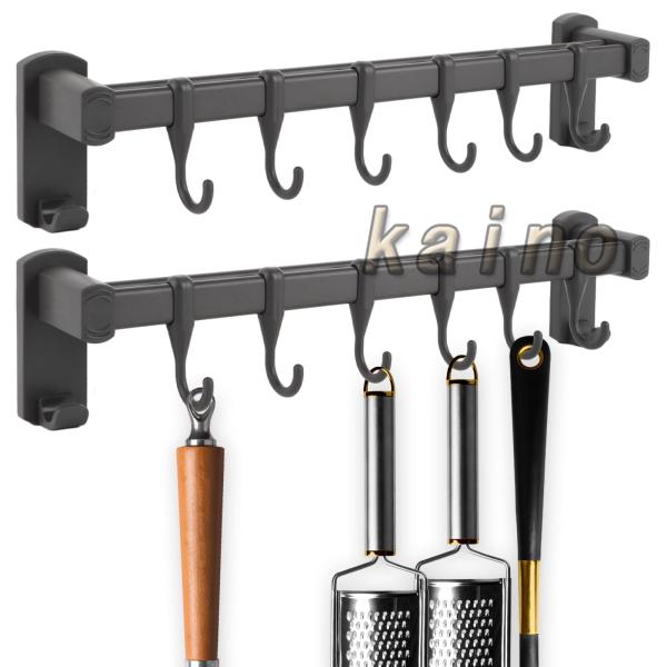 商品仕様：2個セットキッチンツールフック　サイズ：本体横幅：40cm 耐荷重：約8kg フック*6個高品質の素材：キッチンツールフックはABS製で、表面は艶出しと電気めっきの仕上げで、長期間使用しても滑らかな表面と美しい明るさを維持すること...