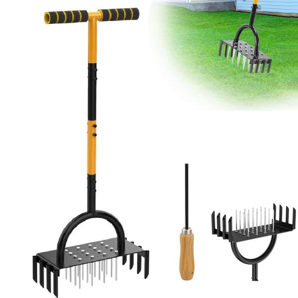 【二重仕様の効率的な換気設計】8つの空スロットと16本の鋭利なスパイクを備え、掘削とコアリングの両方の機能を備え、土壌の透水性と排水性を向上させ、空気、水、肥料が根に浸透しやすくし、芝生を活性化します。【頑丈で耐久性があり、耐腐食性がありま...