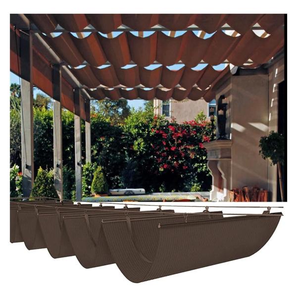 完全なキット: パッケージには、格納式キャノピー屋根、ドア バックル、ターンバックル、固定滑車、可動滑車、サイド滑車、ワイヤーロープ、ステンレス スチール パイプ クランプ、ステンレス スチール パイプが含まれています。通気性遮光生地: 引...