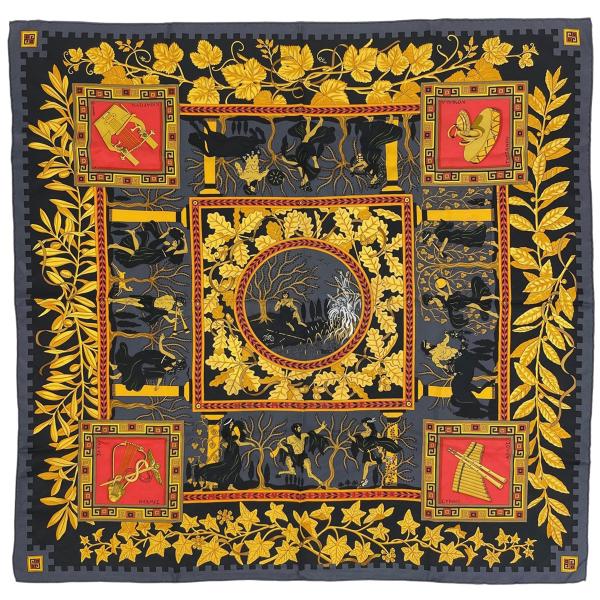 【ブランド名】エルメス/HERMES【ブランド状態ランク】ランクB【タイプ】カレ 90 Musique Des Dieux【ライン】神々の音楽【対象】レディース【サイズ詳細備考】約89cm×88cm【素材】シルク（100%）【表記カラー】グ...