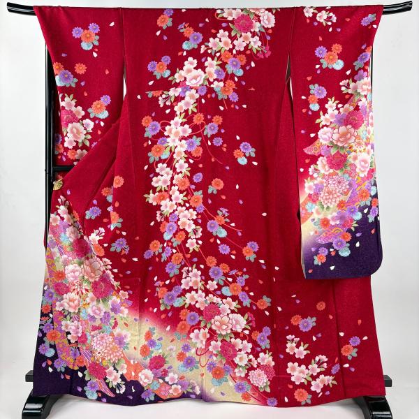 美品 振袖 身丈168cm 裄丈70.5cm L 袷 草花 熨斗 金通し 金彩 赤 正絹