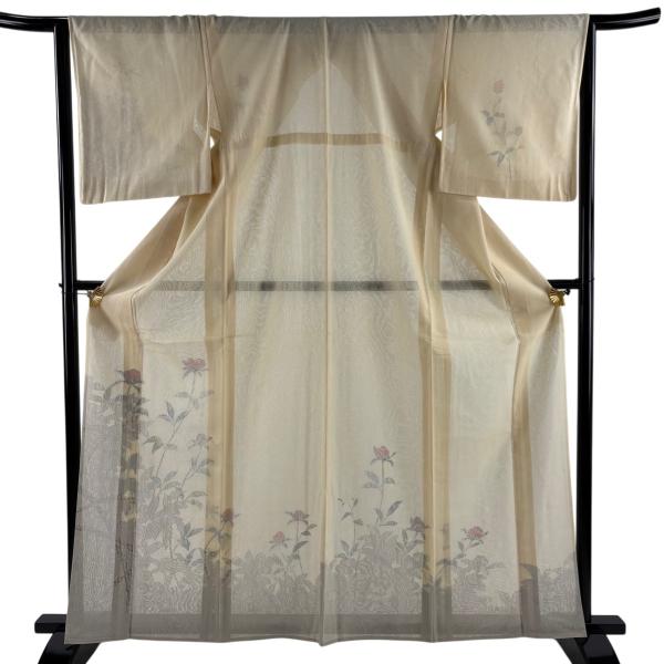【着物ランク】名品【素材】正絹【身丈】約165cm【裄丈】約64cm【袖丈】約48.5cm【袖幅】約34.5cm【前幅】約23.5cm【後幅】約30cm【サイズ】M【着物仕立て】紗袷【着用時期】6/9月【コメント】合わせる帯の色柄により、お...