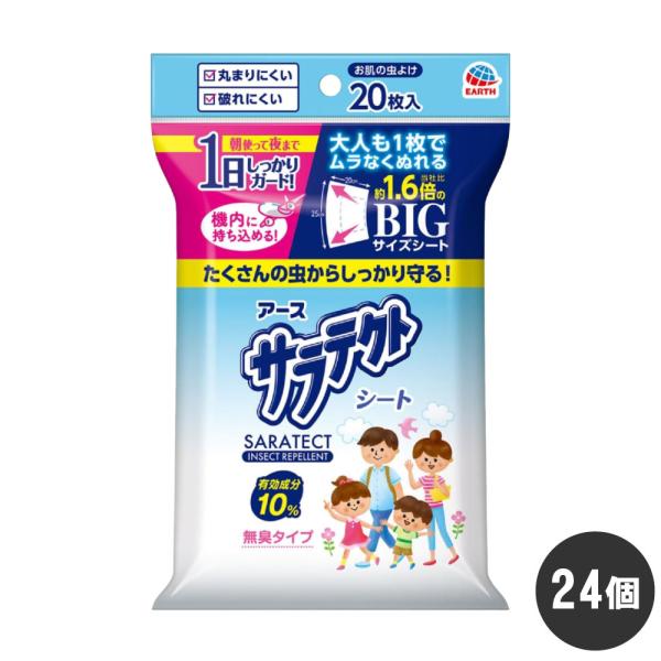 【商品名】サラテクト シート【内容量】20枚(146mL)×24個【生産国・生産地域】日本【有効成分】20枚(146mL)中ディート14.6g（原液換算10％）【成　分】DPG、ヒアルロン酸Na（2）、アスコルビン酸（ビタミンC）、加水分解...