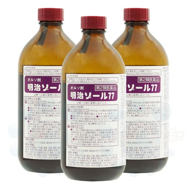 【商品名】明治ゾール77【内容量】500g×3本【有効成分】オルトジクロロベンゼン…77％　クレゾール…10％　その他1成分【適用害虫】ハエ幼虫（ウジ）、ハエ成虫、蚊幼虫（ボウフラ）【区　分】第2類医薬品【使用期限】1年以上【広告文責】株式...