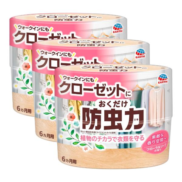 【商品名】クローゼットにおくだけ防虫力 フローラルソープの香り【内容量】1個（300ml）×3個【生産国・生産地域】中国【成　分】スペアミントオイル、α-ピネン、カルボン【効果・効能】衣類の防虫・消臭【効果持続期間】使用開始後 約6ヵ月間（...