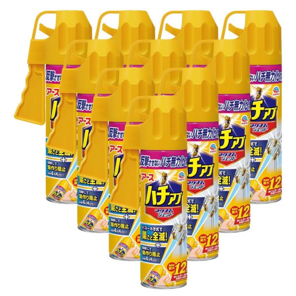 【商品名】ハチアブマグナムジェット【内容量】550ml×10本【生産国・生産地域】日本【有効成分】フタルスリン、モンフルオロトリン、ビフェントリン、ハチ無力化成分（※）　※ハチ無力化成分は植物にも含まれる成分【対象害虫】アシナガバチ、クマバ...