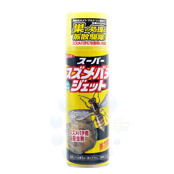 【商品名】スーパースズメバチジェット【内容量】480ml【有効成分】メトフルトリン、d-T80-フタルスリン（ピレスロイド系薬剤）【剤　型】エアゾール【適用害虫】スズメバチ、アシナガバチ、クマバチ、ミツバチ、アブ、ブユなど【発売元】イカリ消...