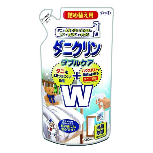 【商品名】ダニクリン Wケア 詰替用【内容量】230ml【成　分】脂肪族系カルボン酸エステル、サトウキビ抽出エキス、イソプロピルメチルフェノール（除菌剤）、ハウスダスト不活性化【原産国】日本【販売元】株式会社 UYEKI（ウエキ）【商品特長...