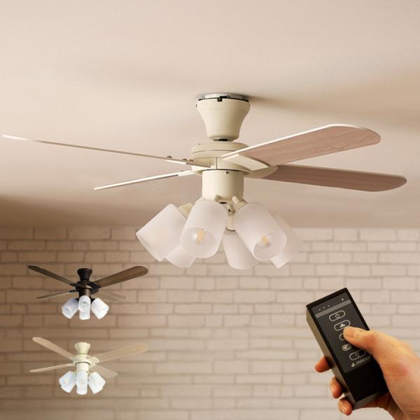 商品サイズ幅1170×奥行き1170×高さ400（mm）重量6400（g）材質本体：スチール羽根：MDFシェード：ガラスカラーブラウン / ホワイトセット内容本体羽根×4(リバーシブル)シェード×6シェード固定リング×6取付金具リモコン取付...