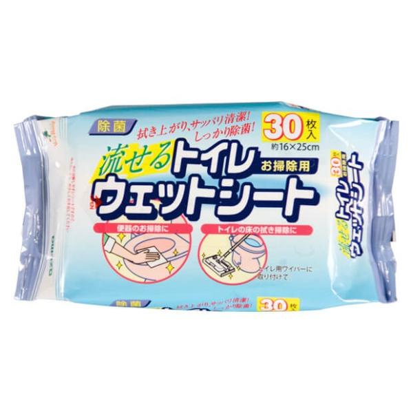 トイレに流せるウェットシート30枚入り。除菌剤入りで、安心してトイレのお掃除に使用できます。便器・便座・タンク・床・壁など、トイレのお掃除に。レモンの香り付きで、スッキリお掃除できます。内容量：30枚入素材：パルプ薬液成分：水・エタノール・...