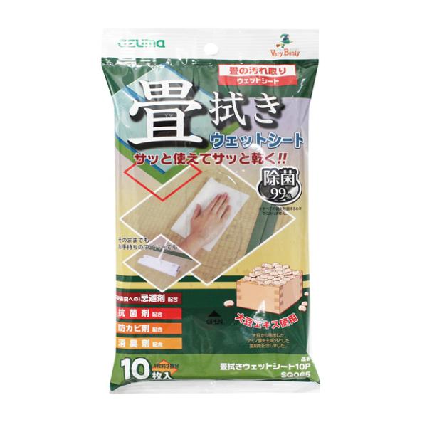 畳の汚れに気がついた時にサッと拭き取りたい ! そんな時に便利なのが「畳拭きウェットシート」です。畳の皮脂汚れや砂ボコリをサッとキレイに拭き取ることができます。除菌99%。※すべての菌を除菌するわけではありません。内容量：10枚入素材/成分...