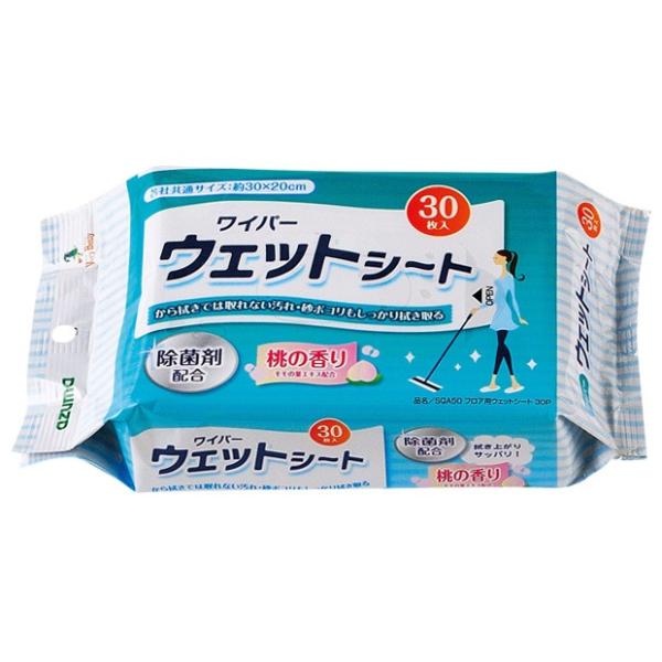 フローリングワイパーなどの共通取り替えウェットシートです。から拭きでは取れない汚れ・砂ボコリもしっかり拭き取れます。除菌剤配合。モモの葉エキス配合で、さわやかな甘い香りが広がります。フローリング・クッションフロアの水拭きに。内容量：30枚入...