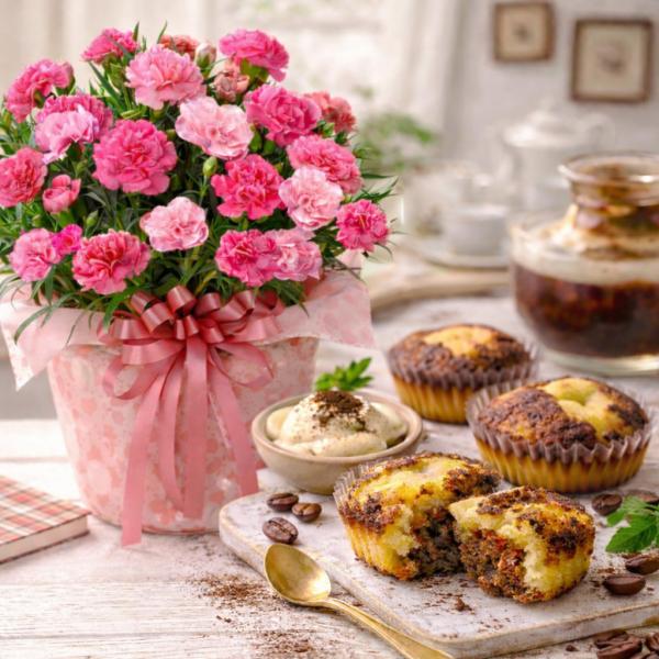 母の日の贈り物に毎年選ばれている、**カーネーション「さくらもなか」**としっとり焼きティラミスをセットにした、母の日限定ギフトです。可憐で落ち着いた雰囲気の「さくらもなか」は、育てる楽しみも贈れる鉢植えカーネーションとして人気です。さらに...