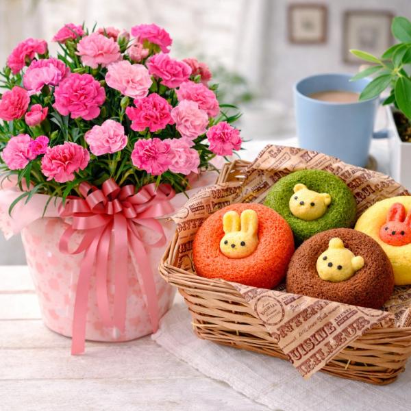 母の日の贈り物に毎年選ばれている、**カーネーション「さくらもなか」**とかわいいアニマルドーナッツをセットにした、母の日限定ギフトです。やさしく可愛らしい印象の「さくらもなか」は、世代を問わず喜ばれる母の日の定番鉢花。さらに、見た目も楽し...
