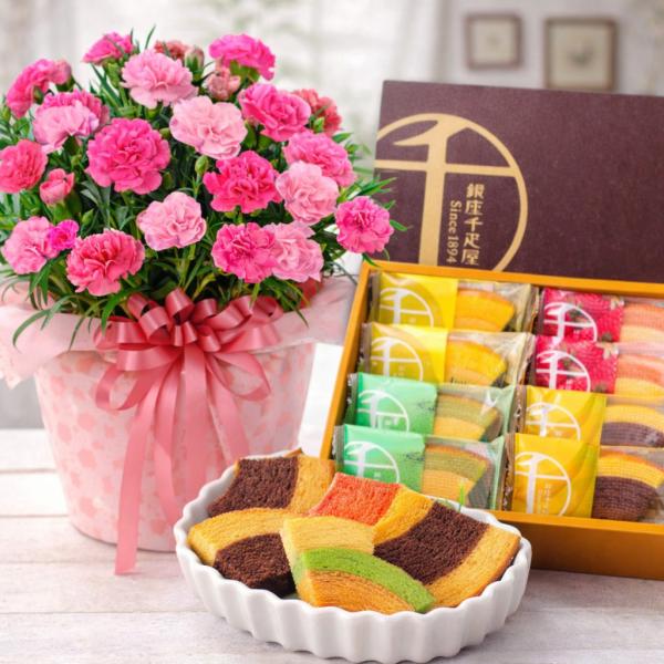 母の日の贈り物に毎年選ばれている、**カーネーション「さくらもなか」**と銀座千疋屋フルーツバウムクーヘンをセットにした、母の日限定ギフトです。淡い桜色が美しい「さくらもなか」は、お部屋を明るく彩る鉢植えカーネーション。さらに、老舗果物専門...