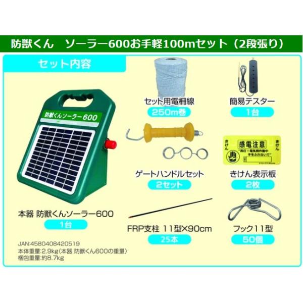 【セット内容】防獣くんソーラー600：１台FRP支柱11型×90cm：25本セット用電柵線250ｍ巻：1巻フック11型：50個簡易テスター：1台ゲートハンドルセット：2セットきけん表示板：2枚