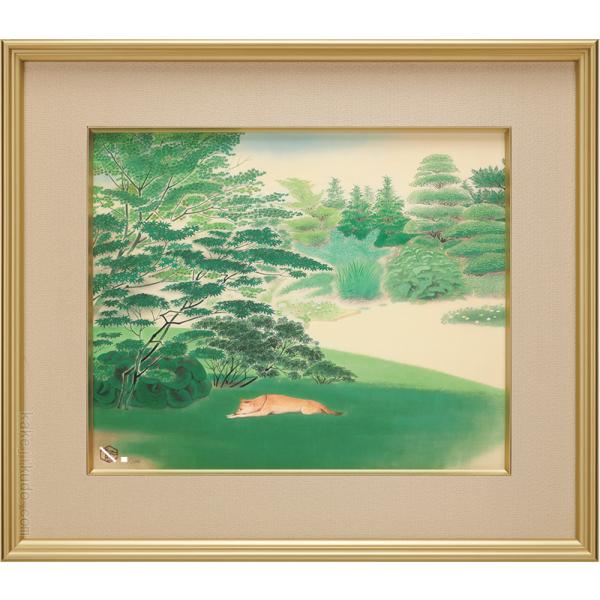 【画　題】晴日（せいじつ）【解　説】近景のみならず遠景まで精緻に描き込まれた木々の葉の一葉一葉、そして心地よさそうに寝そべる犬の描写からは、命あるものへ向けられたあたたかな眼差しが伝わってきます。小倉画伯は柴犬を愛し、若い頃から晩年まで、代...