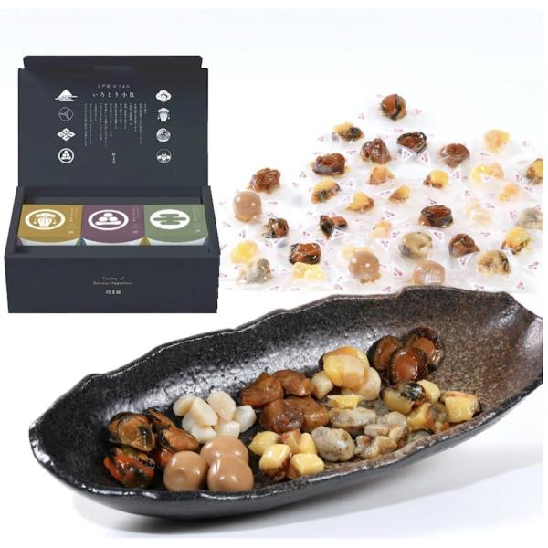 あわびステーキ /チーズ 帆立 / つぶ貝 / 貝柱 / ムール貝 / チーズ貝柱 / チーズムール貝 / うずらの煮たまご / 焼きとり　9種 合計34包入　江戸前おつまみ < いろどり小包 > は 乾燥させることで旨味を凝縮...