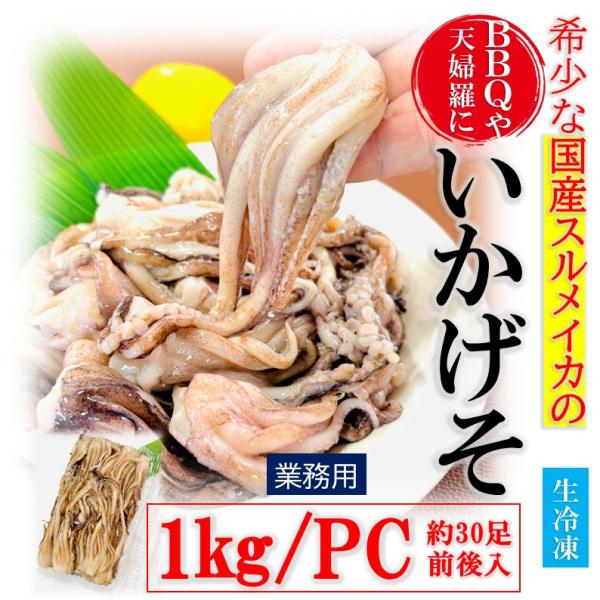 【いか下足をたっぷりkg】国産のスルメイカの下足だけを集めた業務用の生冷凍商品です。ご自宅でイカゲソの天婦羅や唐揚げ、焼き物、煮物など色々な食べ方でお楽しみ頂けます。お蕎麦などお食事はもちろん、ビールなどおつまみにも嬉しい食材です！【国産で...