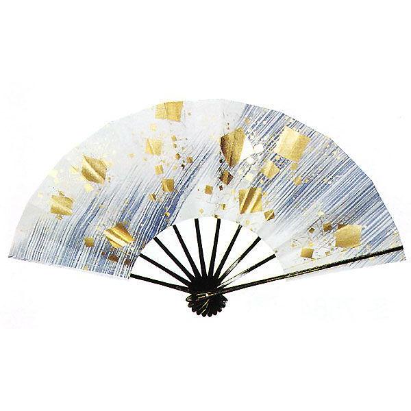 白地紙の線ボカシに、金色の大小箔紙をあしらった舞扇です。篠突く雨に雹「ひょう」が混じった霙「みぞれ」の様にも見えます。骨は、シックで高級感のある黒漆の黒骨です。裏側にも柄があります（表裏同柄）。化粧紙箱入りですので贈答用にもいかがでしょうか...
