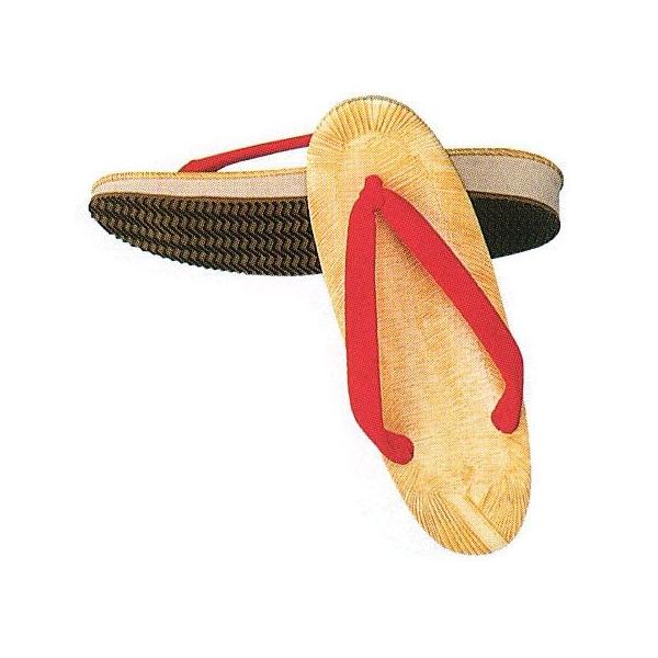 赤い鼻緒のスポンジ底草履です。台は、ノザキ表（竹を薄く裂いて編んだ伝統的な草履・雪駄表）をイメージした薄茶＆茶の変り縞模様のザラッとした感触のビニールです。鼻緒は足指に優しい赤の別珍（べっちん）＝綿ビロード製です。女性用。小紋や色無地などの...