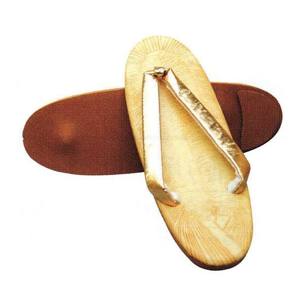 ゴージャスなゴールド鼻緒の雪駄です。鼻緒の裏側（素足にあたる部分）は、白の別珍（べっちん）＝綿ビロード製で、履き心地が良く足にやさしくフィットします。女性用。台は、ノザキ表（竹を薄く裂いて編んだ伝統的な草履・雪駄表）をイメージした薄茶＆茶の...