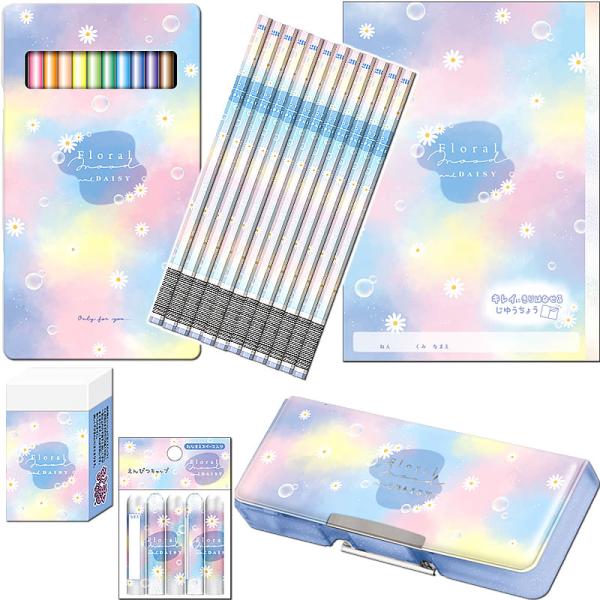 FLORAL MOOD 鉛筆２B＋色鉛筆１２色6点文具セット  ●セット内容●・鉛筆２B・色鉛筆12色・・筆箱・鉛筆キャップ・消しゴム・・自由帳・の文具6セット <font color=#ff000 size=2>新入学の祝い・...