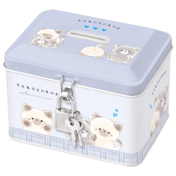 タロチャンズ にゃんたろず クラックス（CRUX) カギ付き缶バンク(鍵付貯金箱) (CR126270)  素材：ブリキ缶  販売サイズ：約H90×W125×D94mm 本体サイズ：約H82×W113×D90mm 4550451262701...