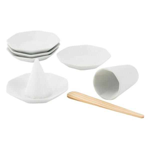 -商品名-八角盛り塩セット 大-セット内容-素焼き八角皿3寸 5枚セット-内寸-皿：幅10.4×奥行10.4×高さ2.4cm、重量10g固め器：幅5.5×奥行5.5×高さ7.2cm、重量100g-商品重量-710g-主素材-陶器-カラー-白...