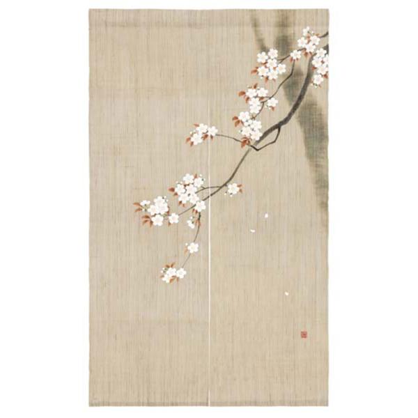 【N-320 本麻のれん「墨描き桜」】春の陽が射すたびに、光は麻生地を透過して、墨の濃淡の表情を変える。桜の花びらは白く浮かび上がり、まるで風に揺れているかのよう。春の一瞬の景色が、見る者の心に静かな詩情を呼び起こす。力強く、それでいて繊細...