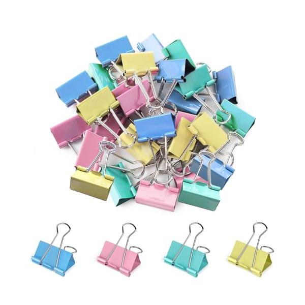 サイズ：大(クリップ幅32 mm)　とじ枚数: 約80枚パッケージ：50個入り　カラー：パステルカラー ピンク、ブルー、グリーン、イエローとの4色混色。各色の数量はランダム 素材：耐久性と耐食性に優れた金属製です。頑丈で繰り返し利用でき、長...