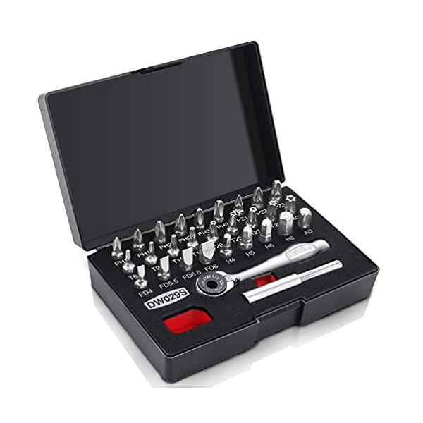 セット内容：全29点(ビット*27点、ハンドル*2本)ラチェットハンドル、ビットエクステンションDWOS-066、ドライバープラスビットS2-PH1/PH2/PH3(各2個ずつ)*PZ1/PZ2/PZ3、ドライバーマイナスビットS2-FD4...