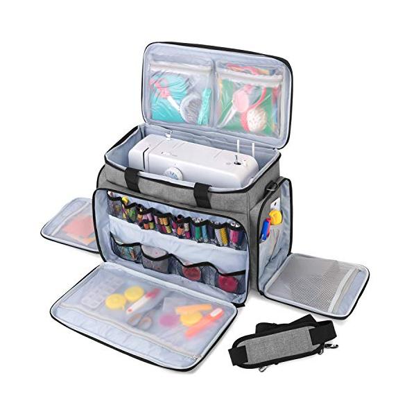 広い開口部でミシンの取り出しが簡単です。ポケットが多くあり、電源コード、フットコントロール、ぬい糸、ミシン針、取扱説明書などのアクセサリーを収納することができます。高品質のナイロン製で、底面に底鋲があって、中身に厚めのクッション材が入ってい...