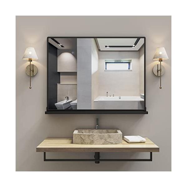 [サイズ 80.7x62cm、小物収納トレー付きバスルーム洗面台 鏡 おしゃれ。 棚板 12*80.7cmの棚板は、散らばった物を収納でき、小物を収納するのに便利です。バスルーム、ベッドルーム、廊下、すべての部屋に適しています。 高解像度ミ...