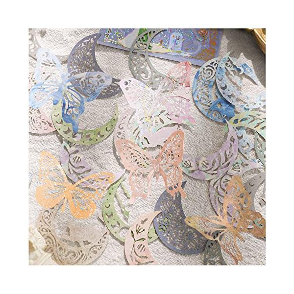 *繊細なカットが施された切り絵のような素材紙です。デザインが豊富で、円形、楕円形、花や植物、蝶々、月など、どれもめったにないデザインで、素敵です。また、小さ目なサイズなので、自由にコラージュするのに最適 *アルバム、スマホケースに挟めたり、...