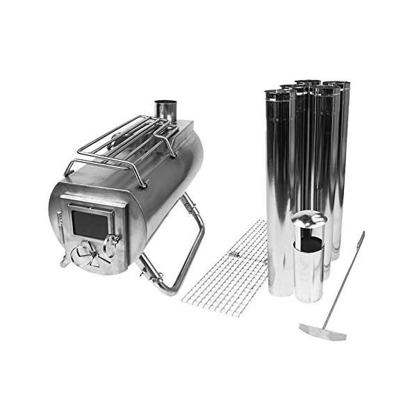 使用時サイズ 50*22*290cm(煙突含む  収納時サイズ 50*22*20cm 重量 11.3kg／ 生産国 中国製 素材 ステンレス 付属品 本体／延長煙突５本(１本の長さ：46.5cm)／火格子(折り畳み式)／炭落としスクレーパー...