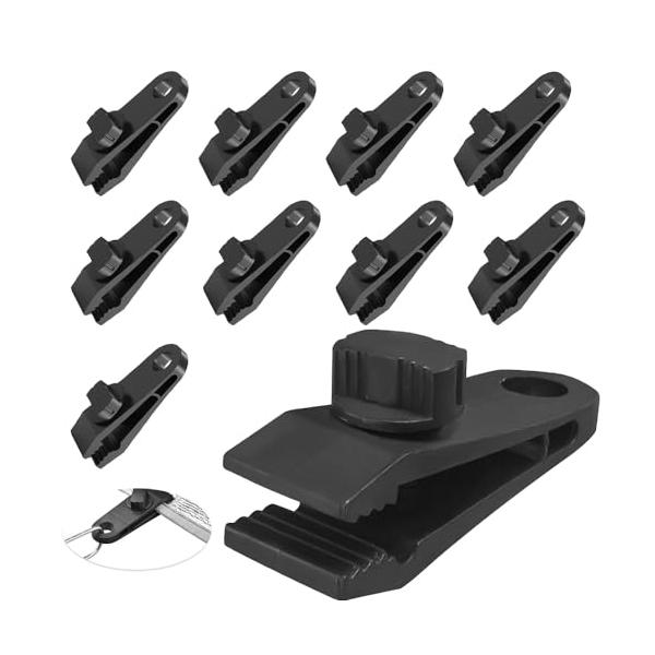 製品仕様 サイズ：83mmｘ25mmｘ30mm 穴径13mm 。重量：約23g/個。パッケージ：10個のテントクリップ。材質:プラスチック。 テントクリップ 高強度、高硬度なプラスチック素材を採用して作り、防水性、耐寒性、耐食性に優れて丈夫...