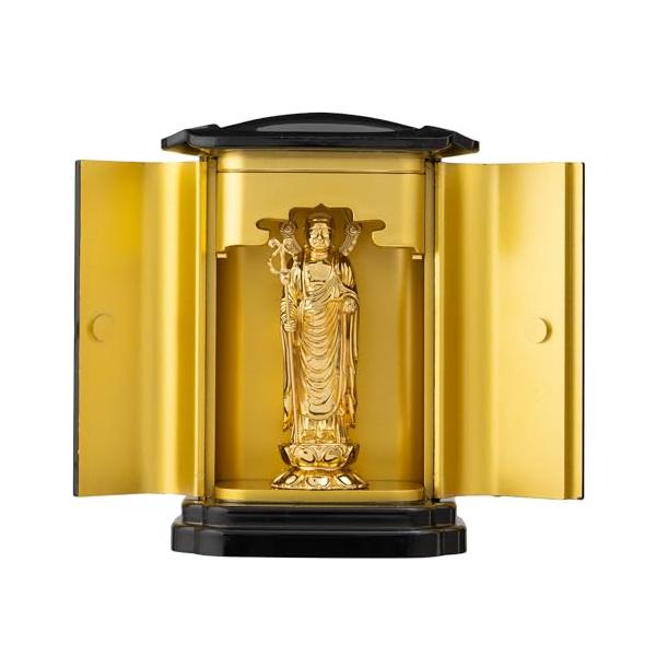 シリーズ：守護本尊 純金メッキ仕上げ PC厨子入り　約10ｃｍ 小スペースでも仏像を祀れる厨子をお付けして本体サイズ：高さ10.3*幅7.5*奥行5.5cm 厨子寸法 重さ：135ｇ　 *仏像単体サイズ：高さ7.2*幅2.2*奥行1.7*身...