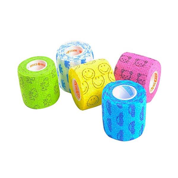 ペットがちょっとしたケガをしたときに 可愛いペットフレックス5色セットの登場です。サイズ：5cm*4.5m カラー：くるま、にこちゃん、いぬ、ねこ、あしあと手で切れ、伸縮性、耐久性に優れた包帯。留め具もいらない親切設計 ペットの被毛や皮膚に...
