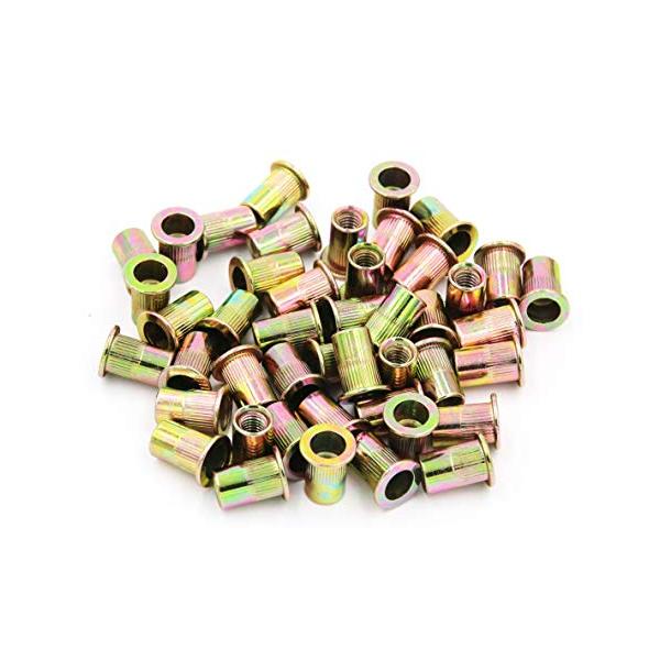 亜鉛メッキローレット鋼リベットナットねじピッチ：m6x1.00外径：8.9ミリメートル、長さ15ミリメートルドリル穴のサイズ：9ミリメートル/ 3/8" 、シートメタルグリップ範囲：26 - 13gaヘッドDIA：12.4ミリメートル、ヘッ...