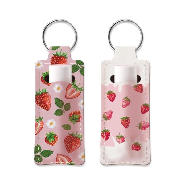 パッケージとサイズ:口紅ケース2個入；サイズ：幅約38mm、長さ約96mm、リング：29mm。イチゴ柄：この弾性ダイビングファブリック製口紅キーホルダーは、イチゴ、牛乳、花のパターンにデザインされています。繊細な印刷技術により、どの柄も繊細...