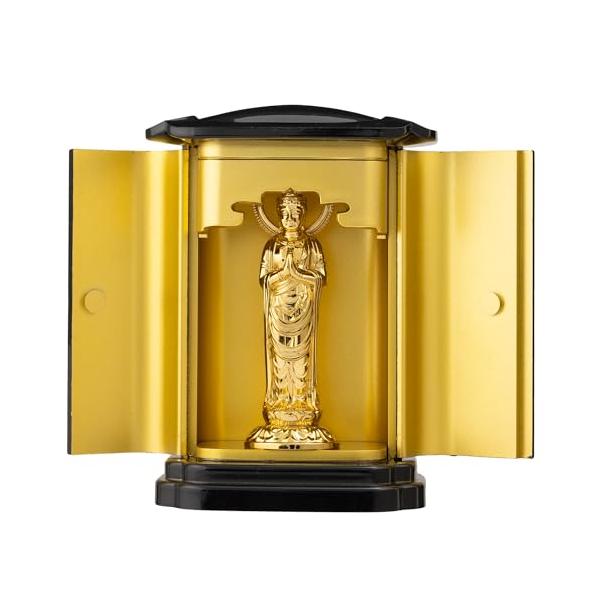 シリーズ：守護本尊 純金メッキ仕上げ PC厨子入り　約10ｃｍ 小スペースでも仏像を祀れる厨子をお付けして本体サイズ：高さ10.3*幅7.5*奥行5.5cm 厨子寸法 重さ：125ｇ　 *仏像単体サイズ：高さ7.2*幅2.5*奥行2.0*身...