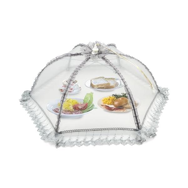 料理が守る 卓上の料理を虫や埃から守るための食卓カバーです。 傘のように作り、食卓などで食品の上にかぶせて用います。本体は高品質のポリエステルで編まれたメッシュ生地で出来ています。通気性が良く、夏でも食べ物が腐りづらいです。軽くて使いやすい...