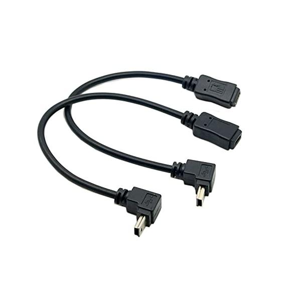 90度上下方向角度付きMini USB 5ピンオス-メス延長ケーブル0.2m2本。Mini USBを使用するほとんどのデバイスに対応。ミニUSBメス - ミニUSBオス。ミニUSBオスは90度角度タイプ。コンピューターでデータを充電・トラス...