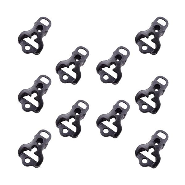 1.セット内容：紐掛け10個入り、サイズ：3*1.7 cm、色：黒。2.良質なポリホルムアルデヒドから作られており、軽量で携帯性があり、繰り返し使用することができます。3.ロープが滑り落ちるのを効果的に防ぎ、テントをしっかり固定することがで...