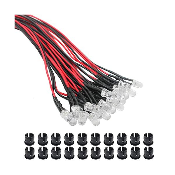 20CMプレ配線 高輝度5mm白色LED 砲弾型汎用LED、専用5mmマウントホルダー 5mmLED用ブラケットが付属しております。使い勝手がいいです。抵抗内蔵しており、そのまま12V電源につなげれば、使えます。とても便利です。消費電力が低...