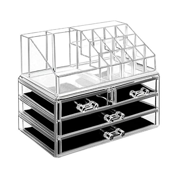 コスメ収納 上段 大きさの異なる仕切り と下段 大きさの異なる引き出し の部分で構成されているので、セットでの使用は勿論、分けて使用することも出来ます。スキンケア製品、口紅、マニキュア、アイライナー、ネイルカラー、メイクブラシ、チーク、アイ...
