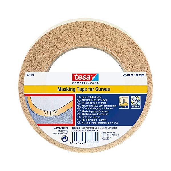 テサテープ　マスキングテープ 曲線用 *糊残りしにくいテープです。*柔軟性が非常に高く、曲線状に貼ることが可能です。*曲線部分のマスキング用途に。*色:ベージュ*長さ(m):25*厚み(mm):0.375*幅(mm):19*粘着力：4.5N...